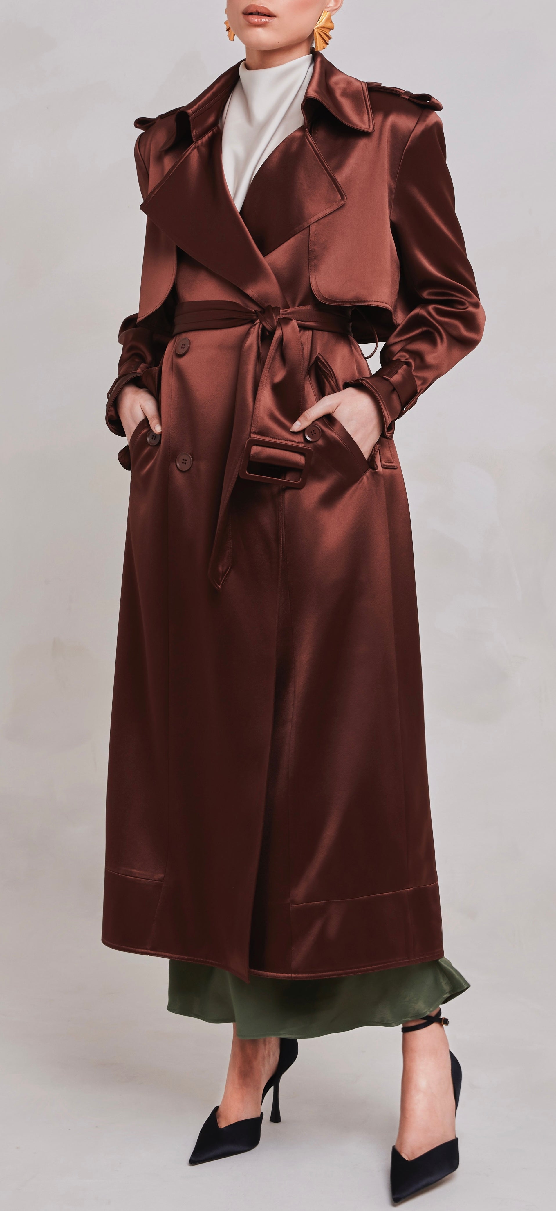 Maryam Brown Satin Trench Coat – LOUJAIN