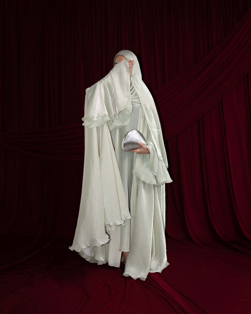 Sienna Sage Green Organza and Chiffon Cape Abaya – LOUJAIN