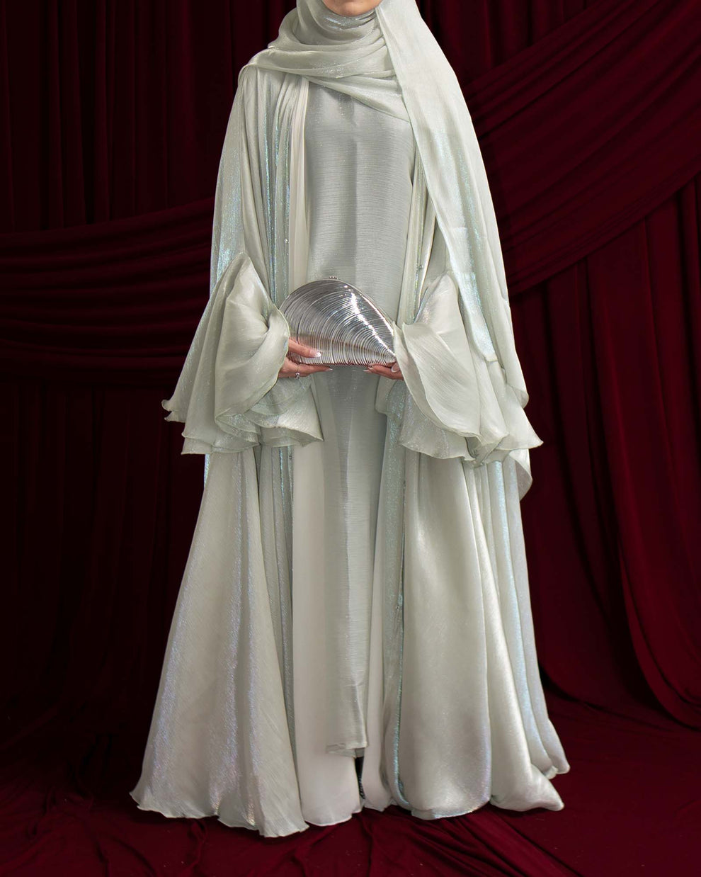Sienna Sage Green Organza and Chiffon Cape Abaya – LOUJAIN